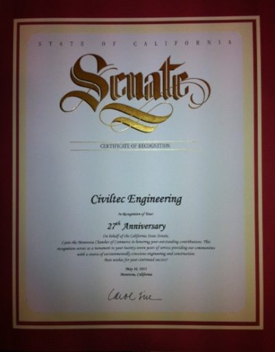Certificate of Recognition | Civiltec Engineering, Inc.